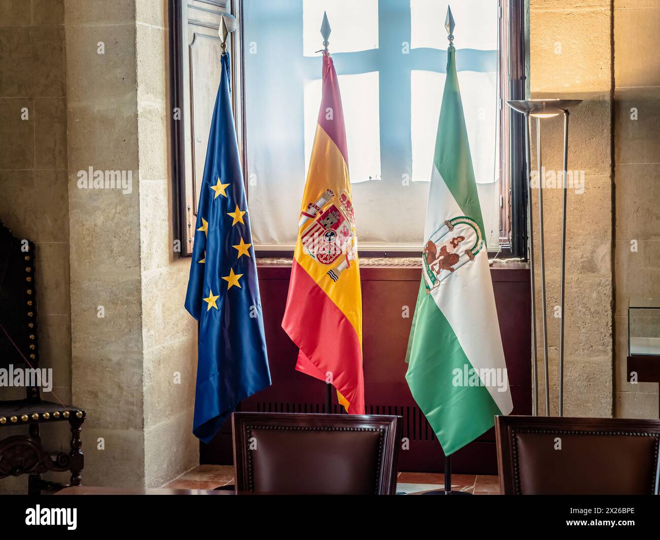 The flags of Andalusia (Andalucia), Spain and the European Union EU in ...