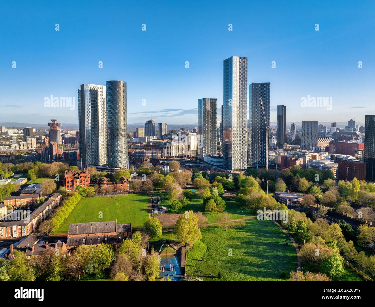 Aerial image of Manchester high-rises from Hulme Park Stock Photo - Alamy