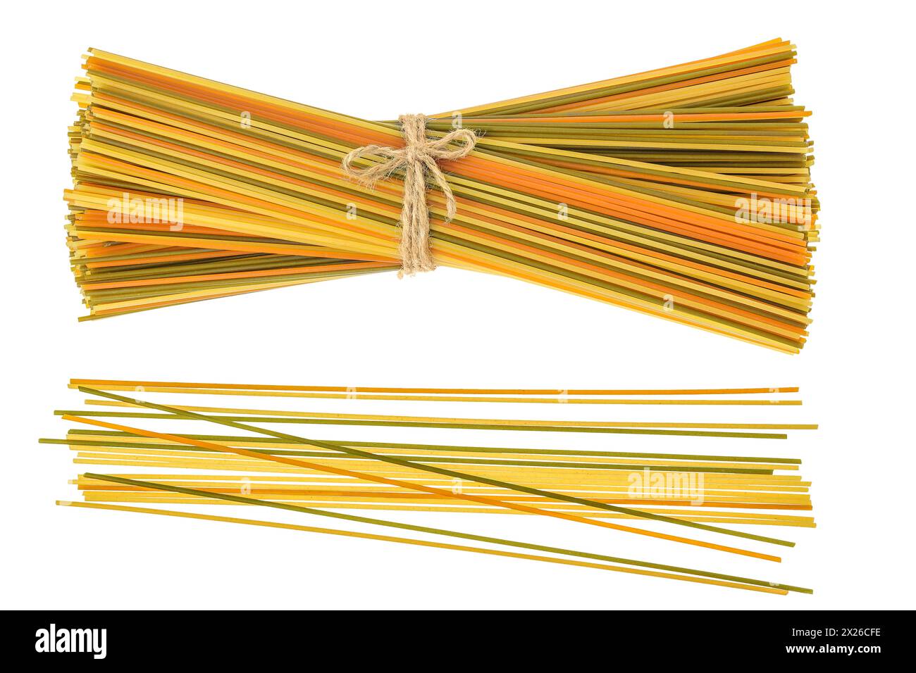 Colorful spaghetti tricolore pasta isolated on white background. Top ...