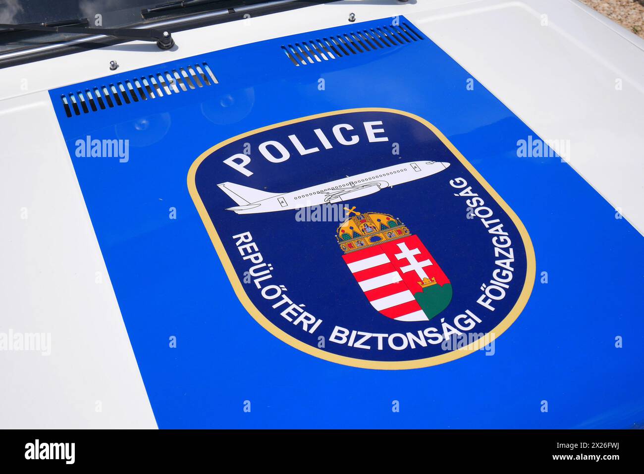 Logo of the Hungarian airport police on an old Lada police car on ...