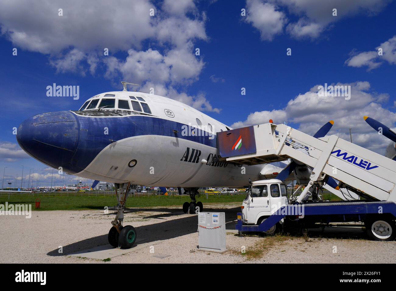 A Soviet era Ilyushin Il-18V cargo plane on display at the Repülőmúzeum ...