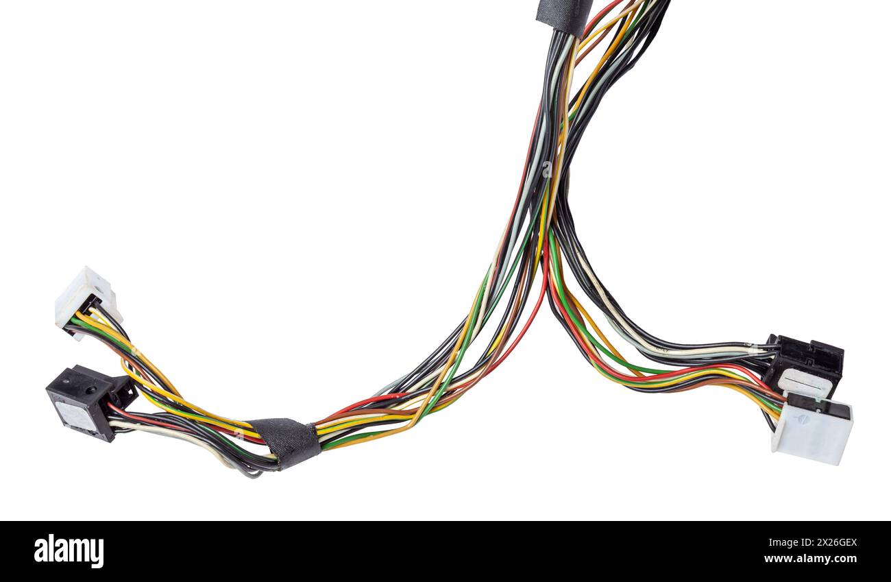 A cable of matted wires of different colors with connectors in the ...