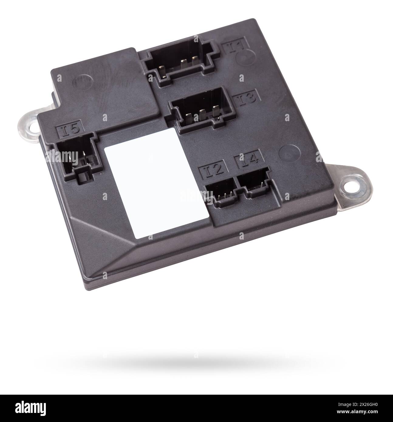 Plastic car engine control unit with connector soaring on a white ...