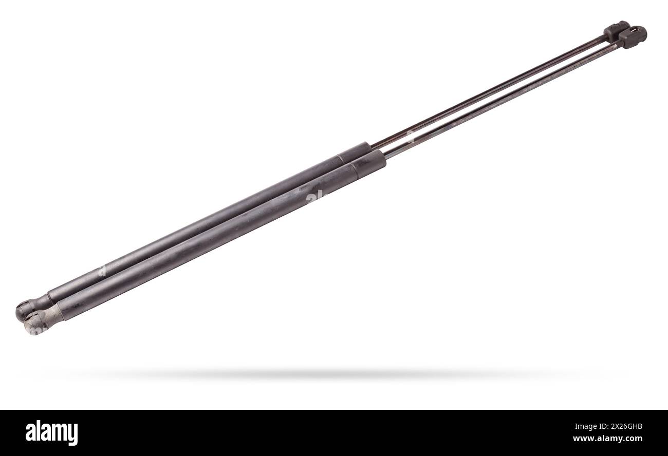 A pair of black metal hood shock absorbers with chrome elements ...