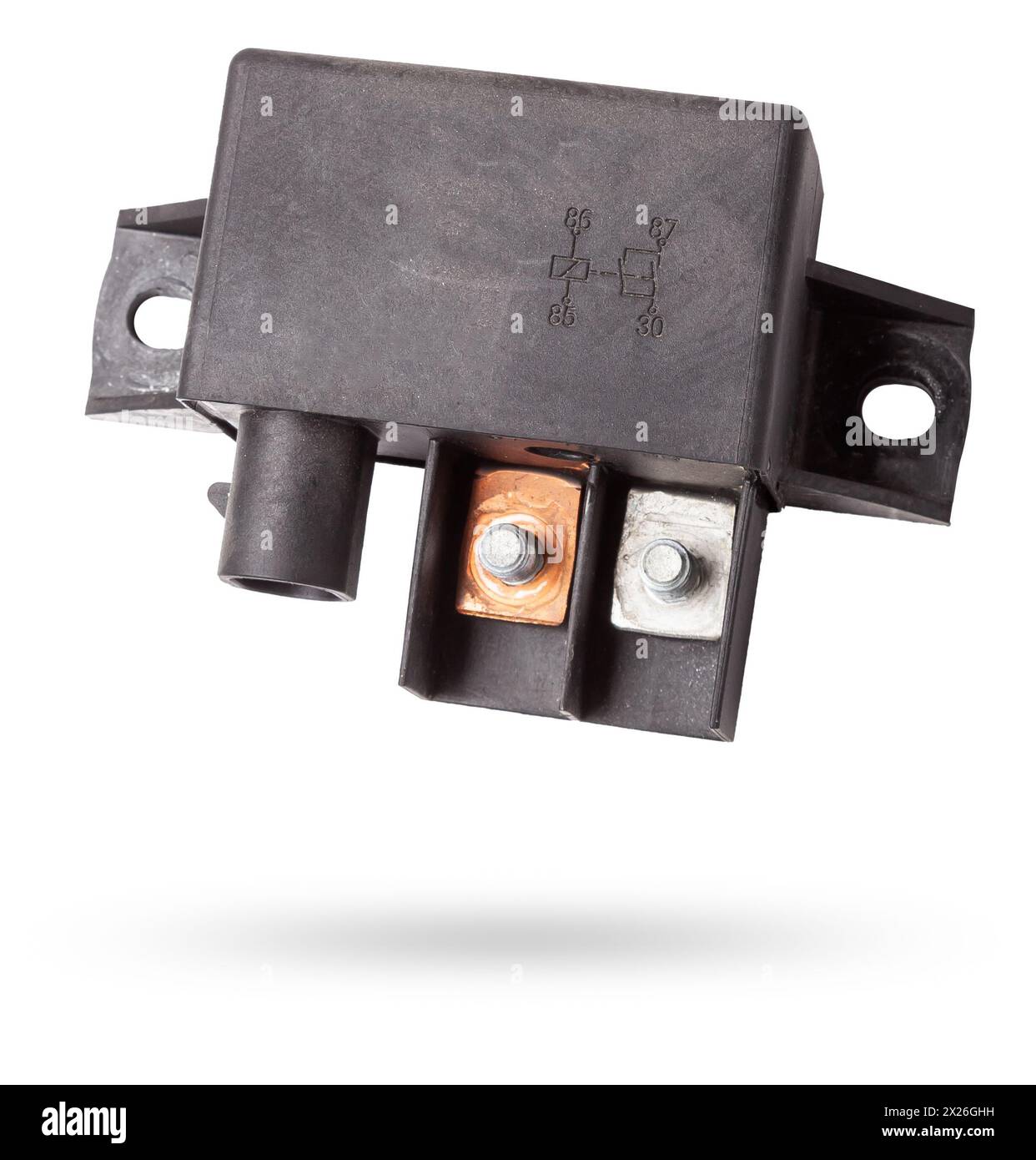 Plastic car engine control unit with connector soaring on a white ...