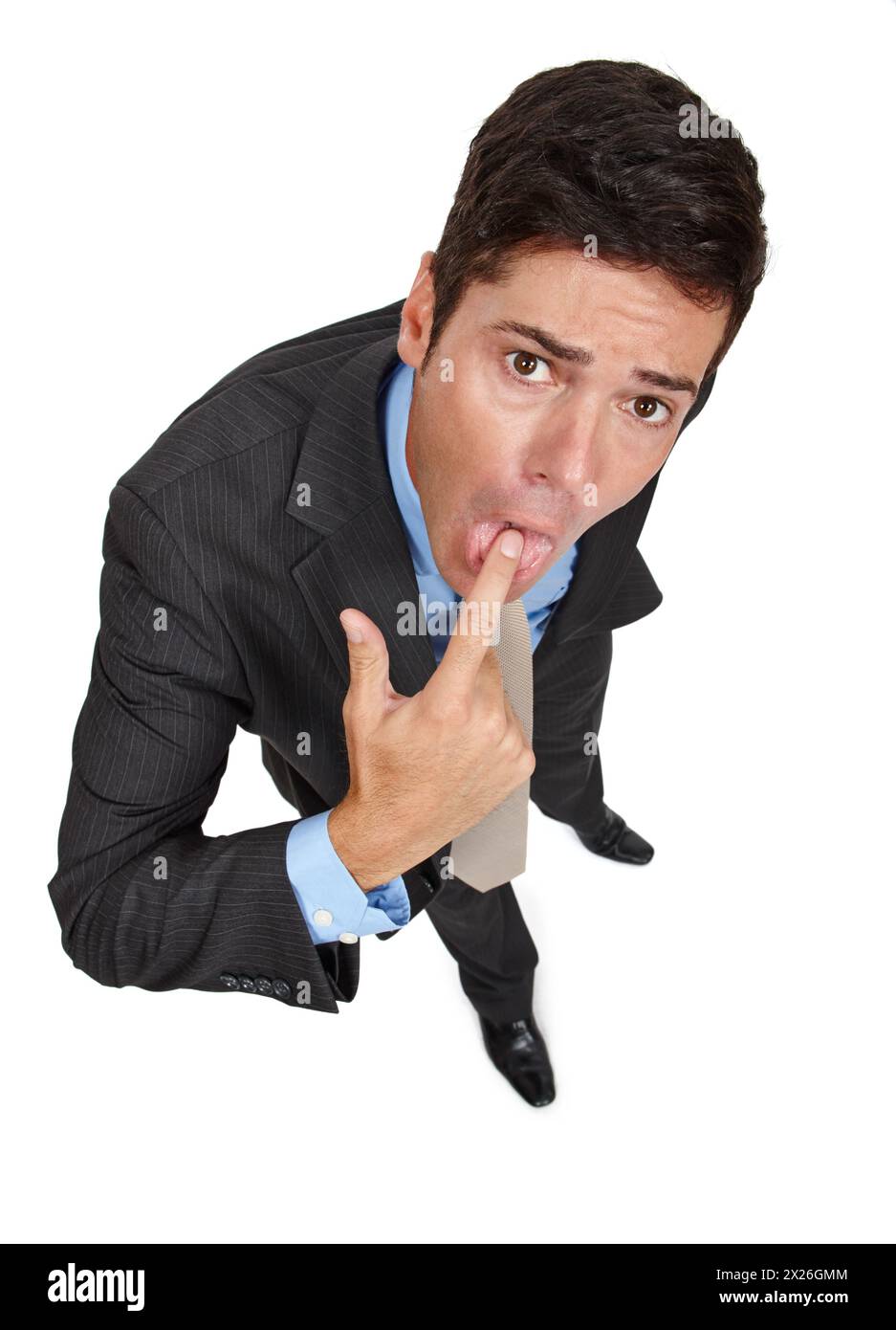 Portrait, businessman and gesture in disgust with gagging, disapproval ...