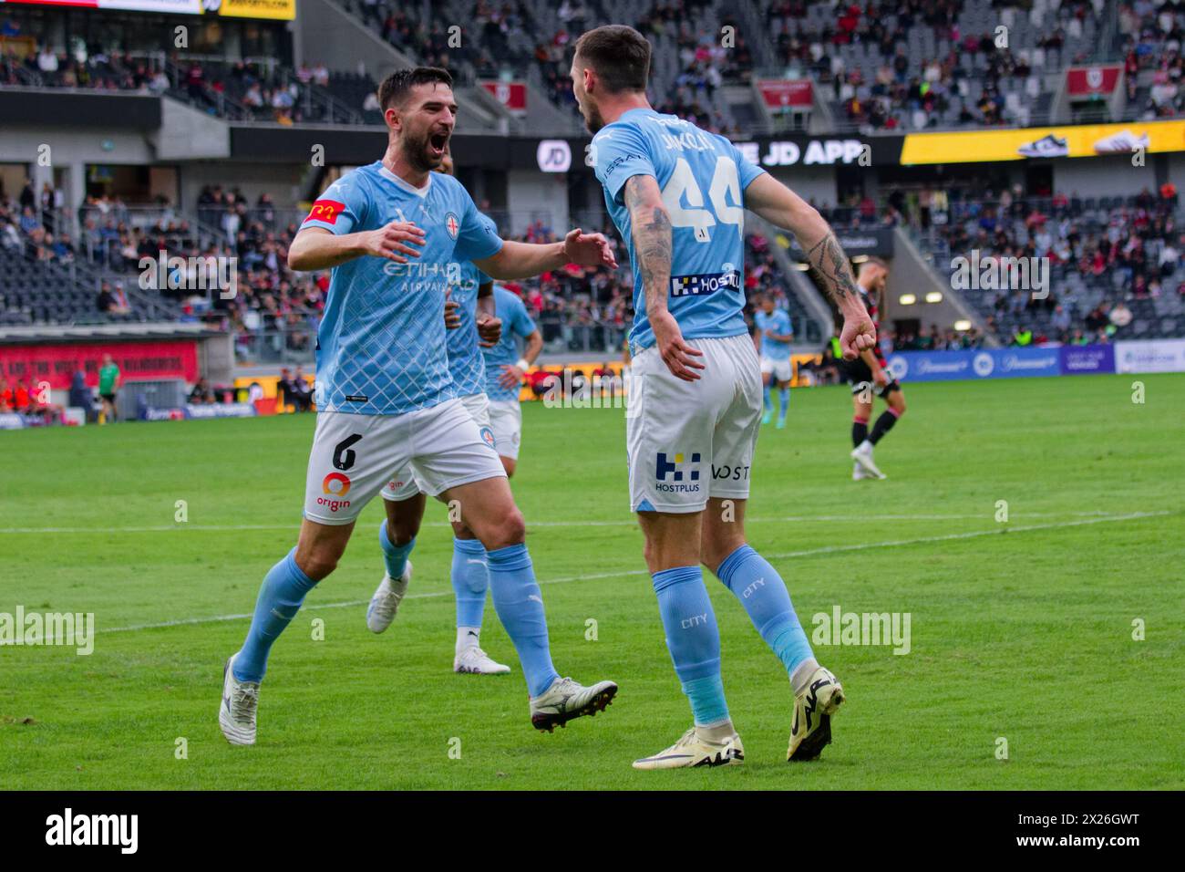 Marin Jakoliš (R) of Melbourne City celebrates scoring a goal during ...