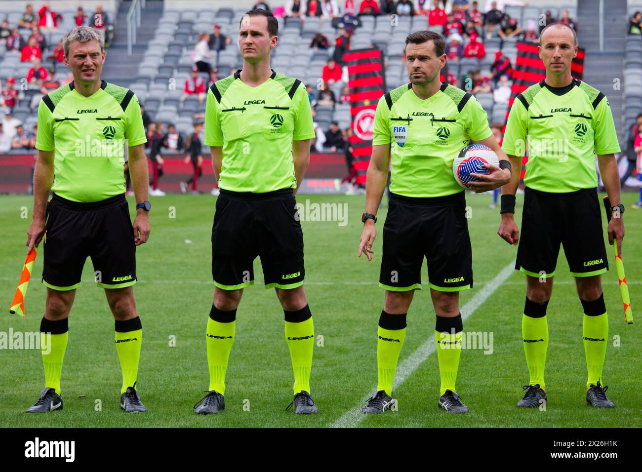 Sydney, Australia. 20th Apr, 2024. Match Referees line up on the pitch ...