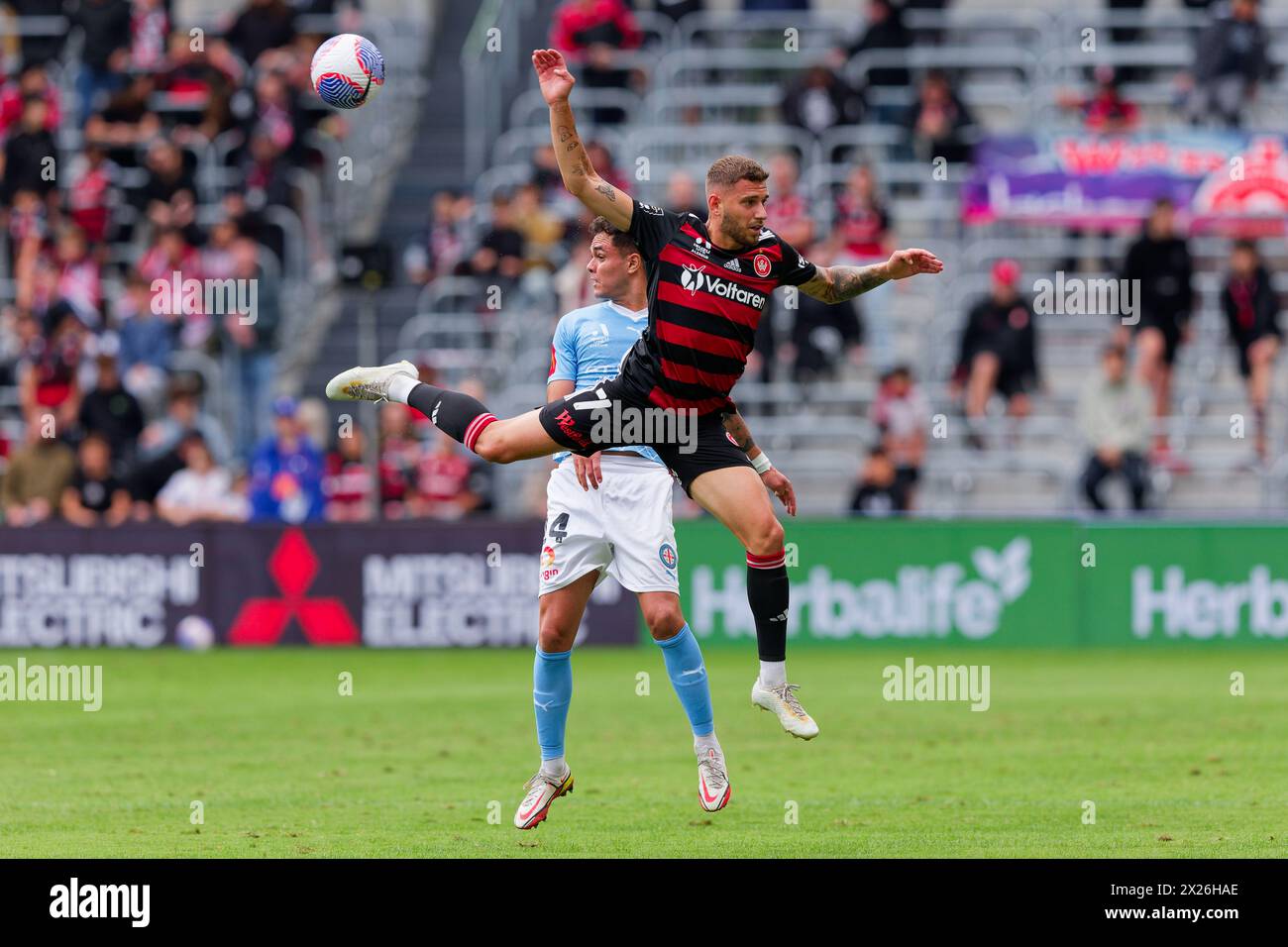 Sydney, Australia. 20th Apr, 2024. Dylan Pierias of the Wanderers jumps ...