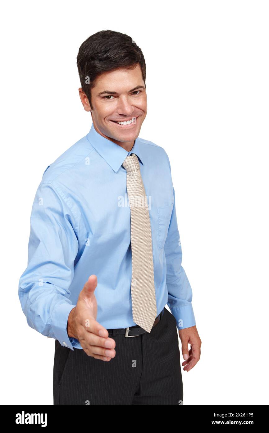 Businessman, portrait and happy with handshake, isolated and confident ...
