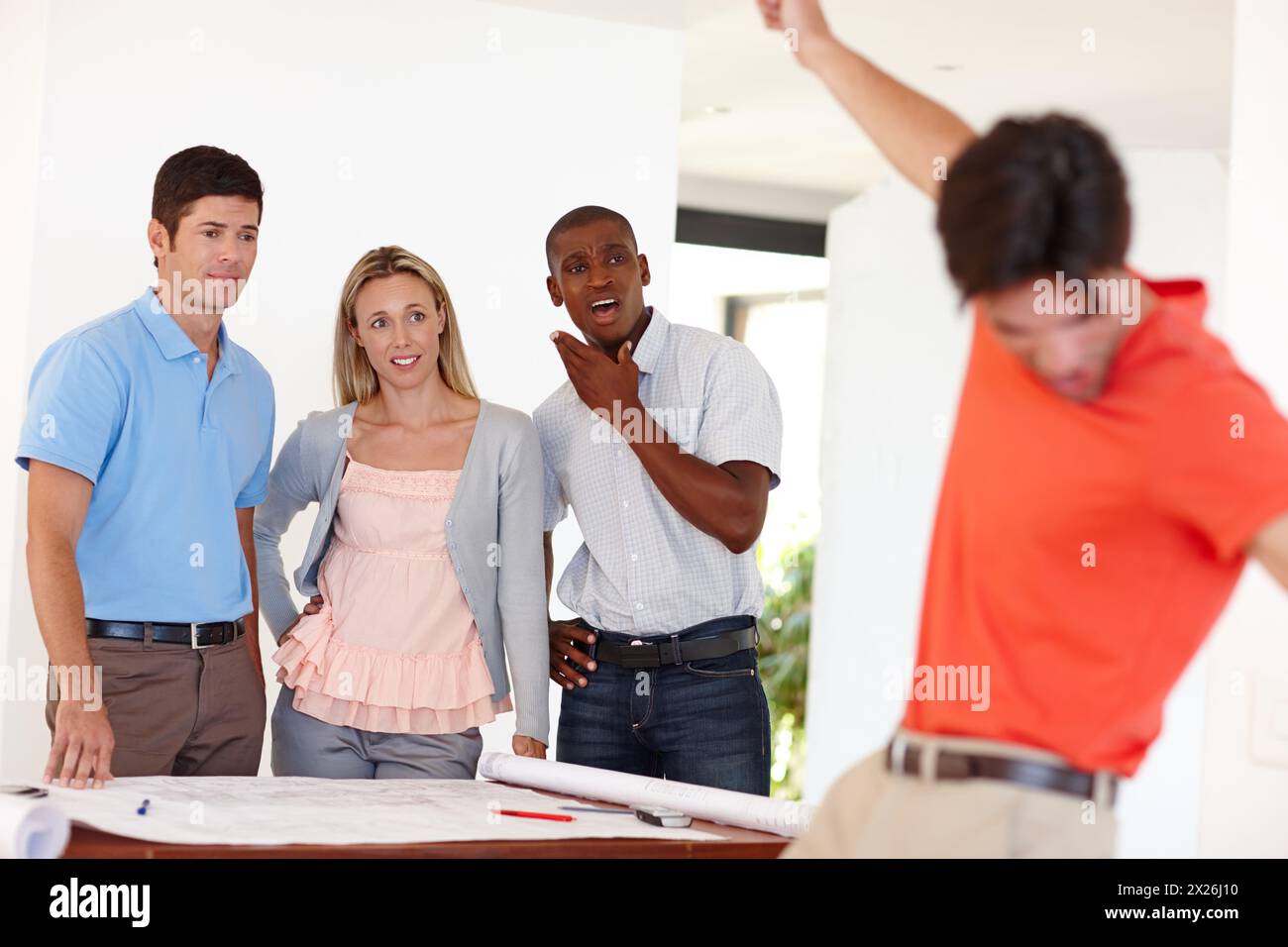 Mistake, teamwork and architecture in office with blueprint for work ...