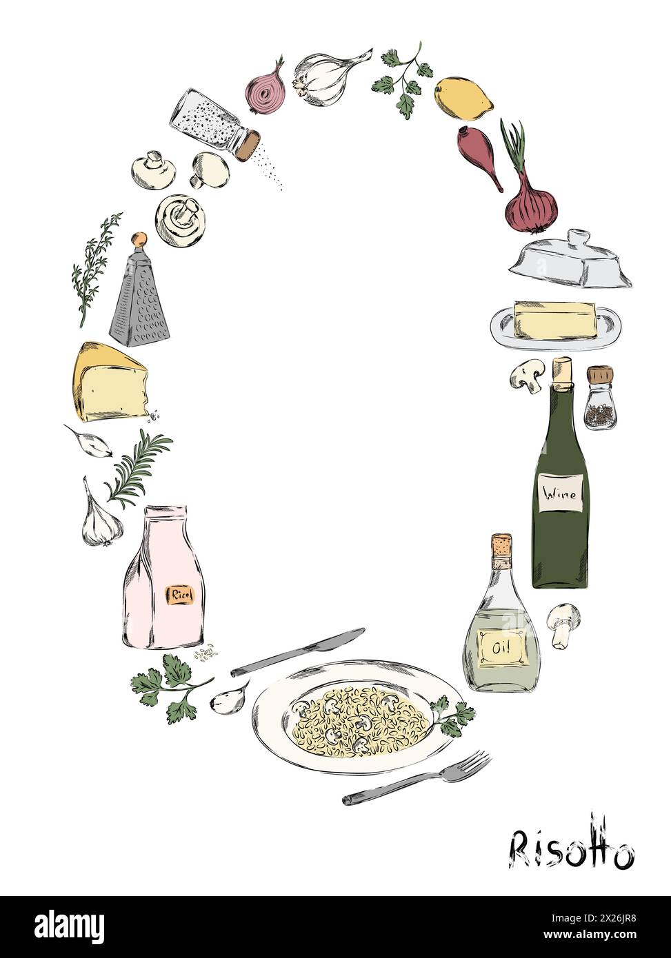 Graphic risotto poster, hand drawn vector illustration. Ingredients for ...