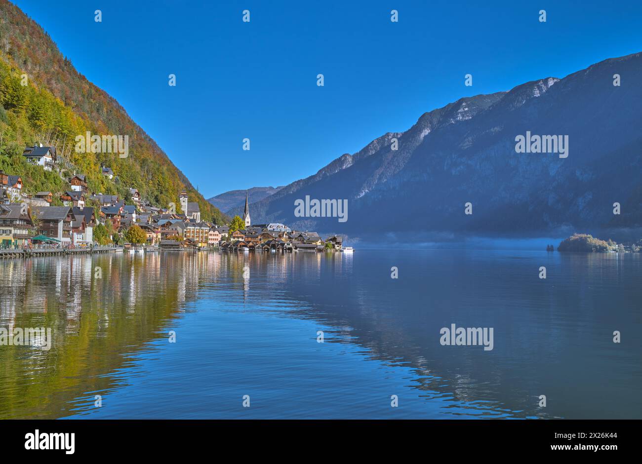 Hallstatt, Austria, view of the village on the Hallstatter see or ...