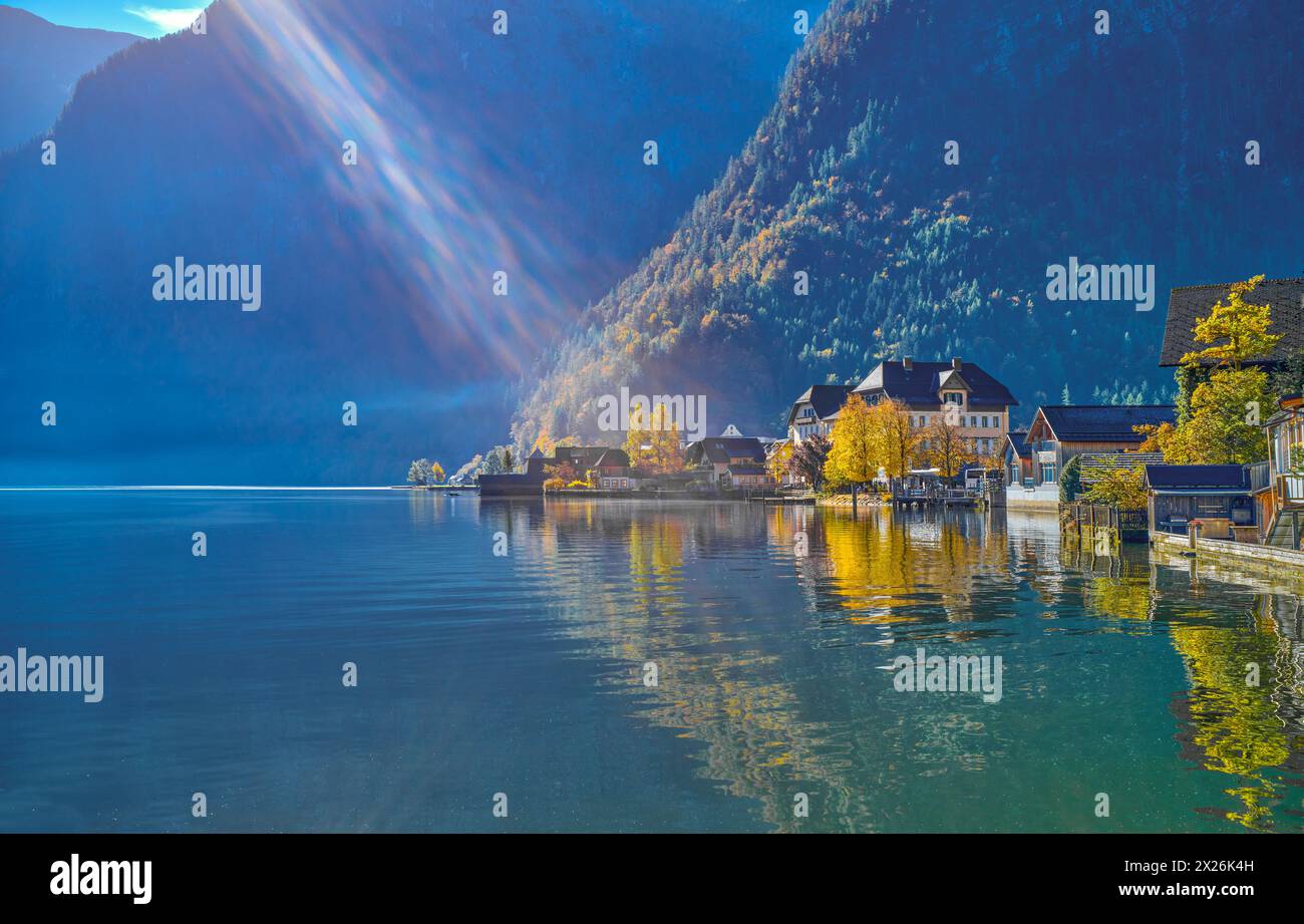 Hallstatt, Austria, view of the village on the Hallstatter see or ...