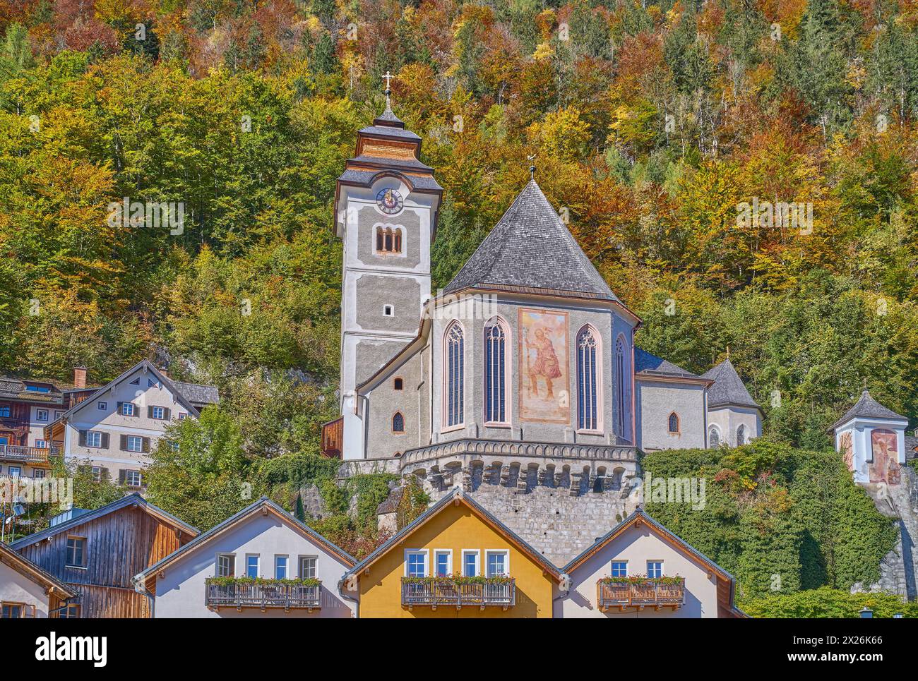 Hallstatt, Austria, the Catholic church over the village Stock Photo ...