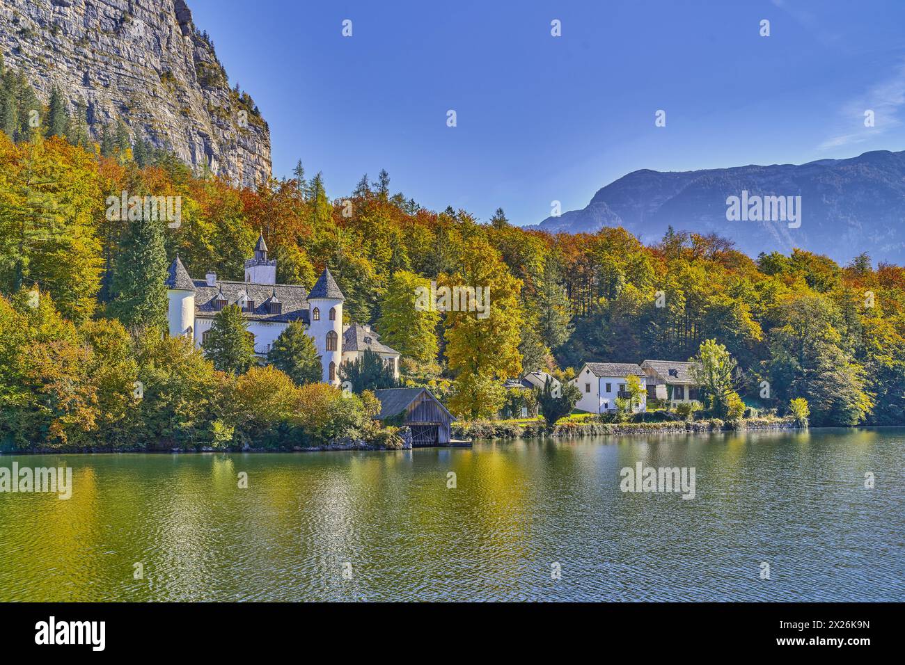Hallstatt, Austria, view of the Grub castle on the Hallstatter see or ...