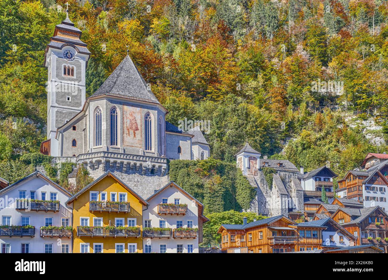 Hallstatt, Austria, view of the village dominated by the Catholic ...