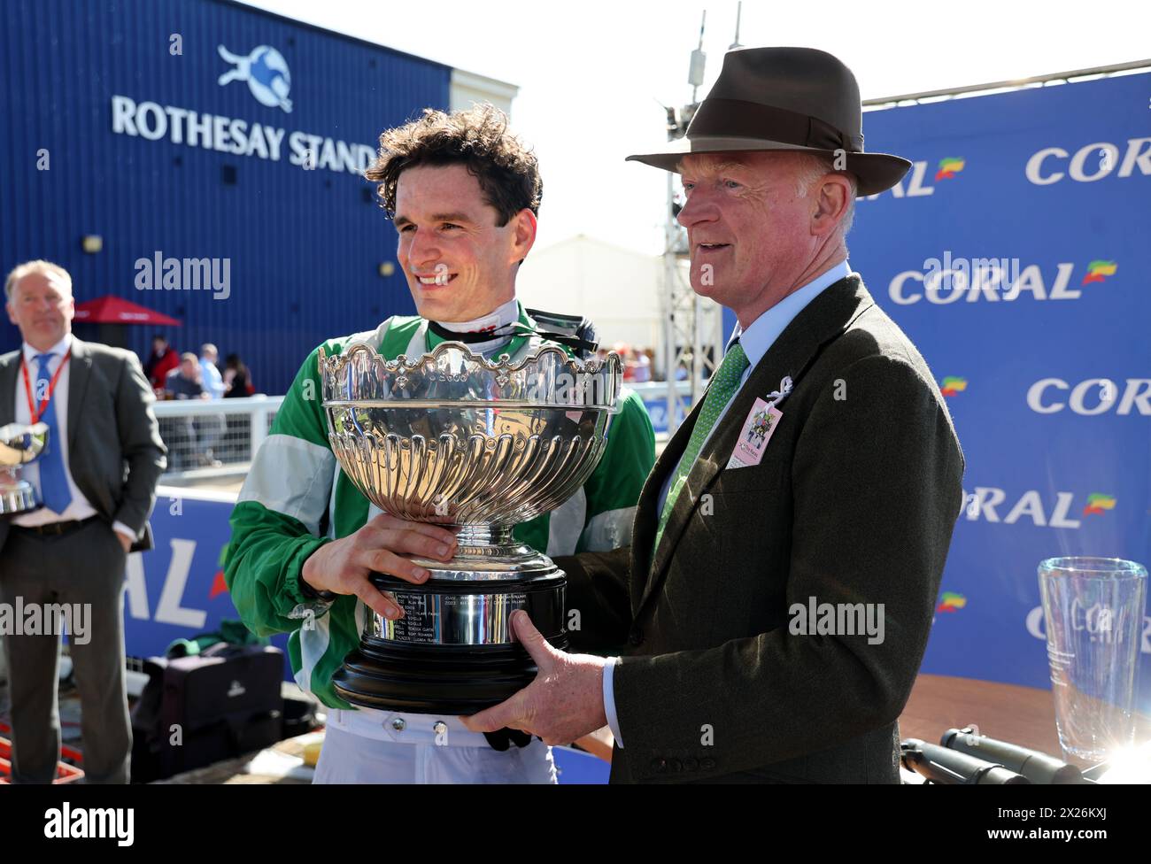 Jockey Danny Mullins and trainer Willie Mullins with the trophy after ...