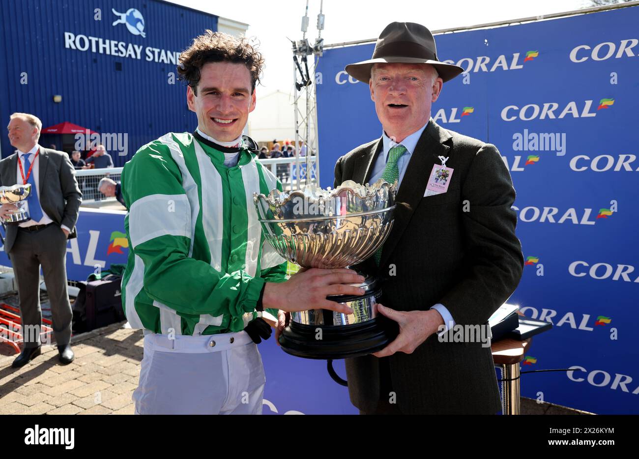 Jockey Danny Mullins and trainer Willie Mullins with the trophy after ...