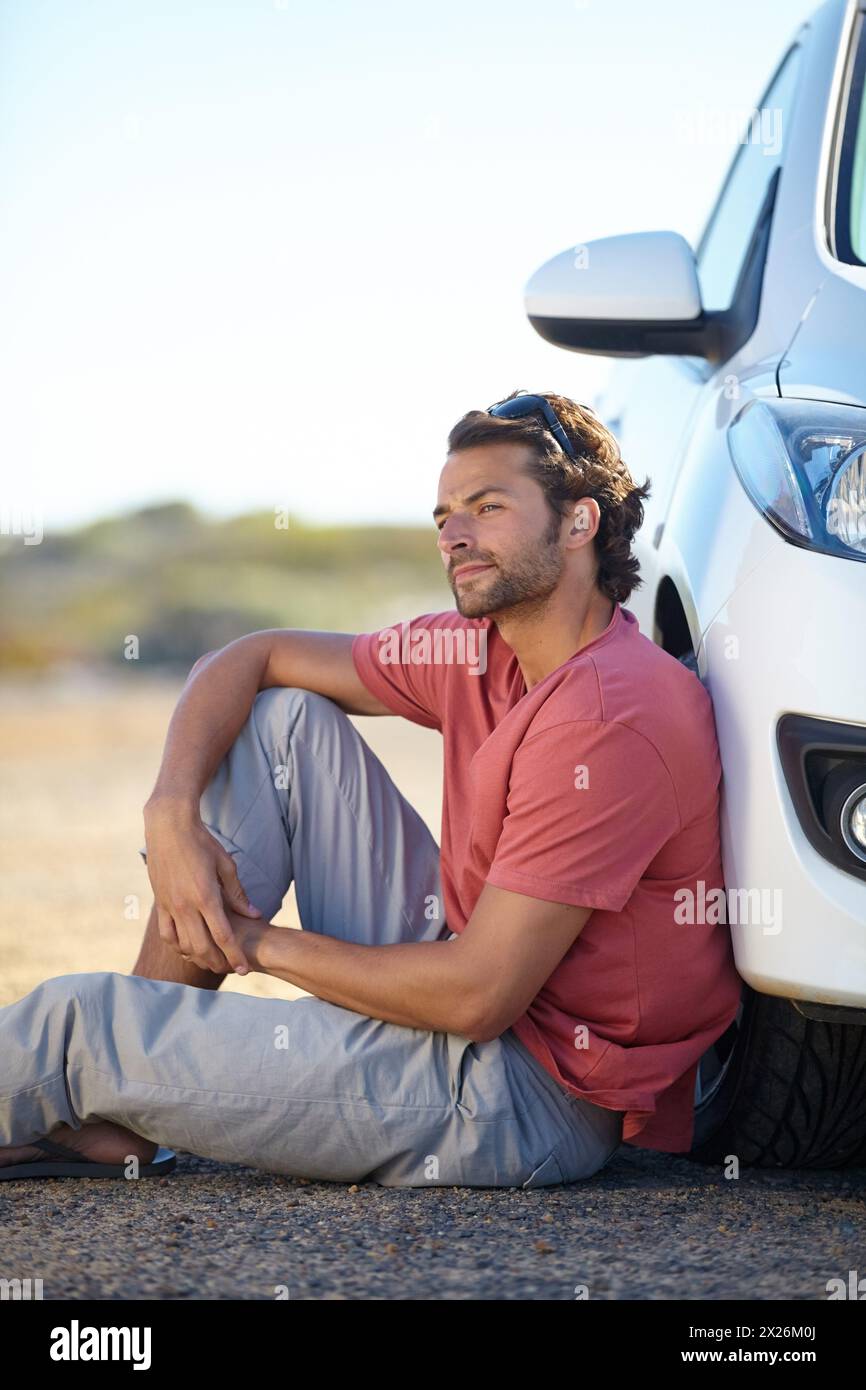 Man, car and breakdown on road with engine, street and waiting for tow ...