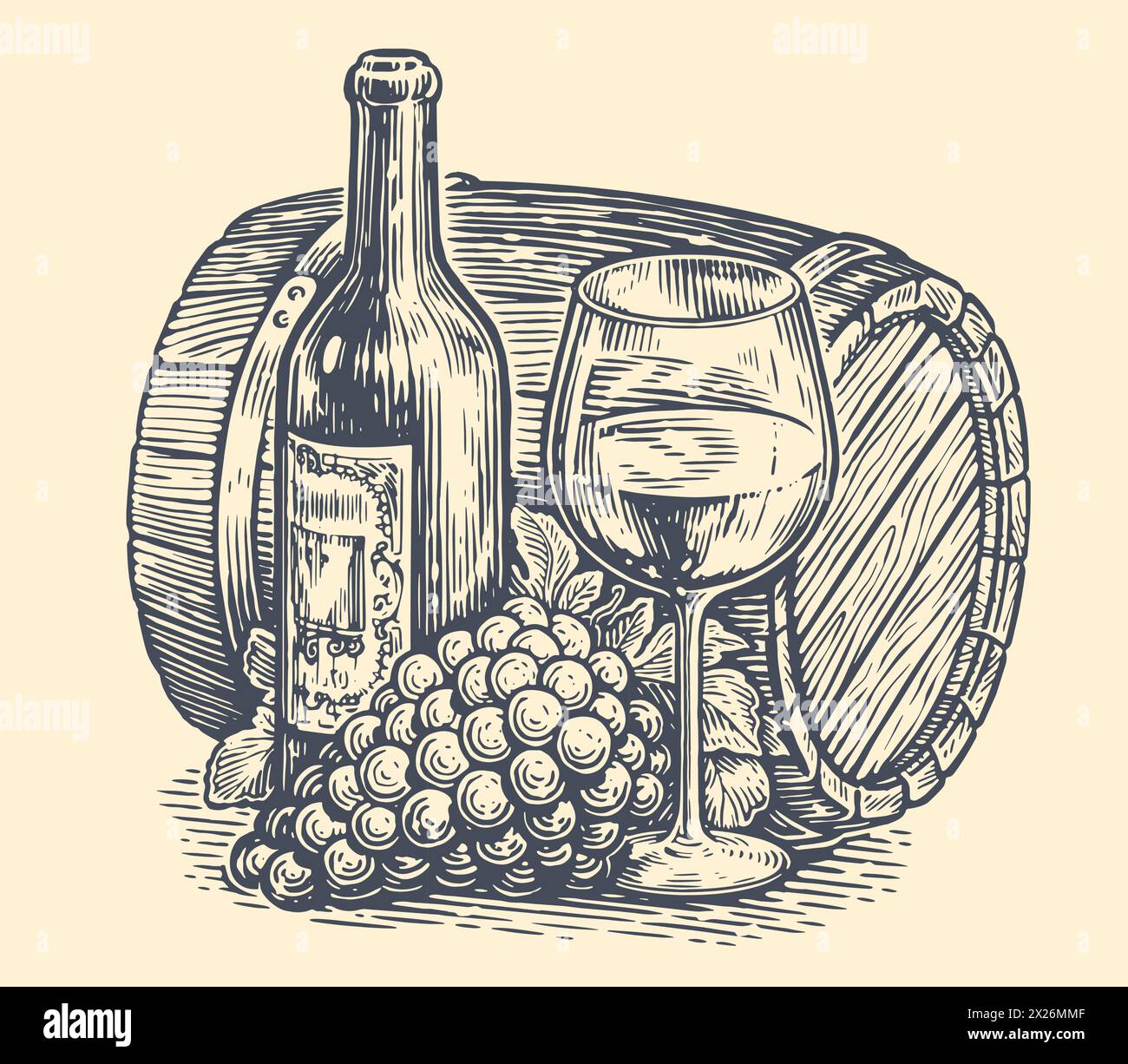 Hand drawn bottle and glass of wine. Winery sketch. Winemaking vintage ...