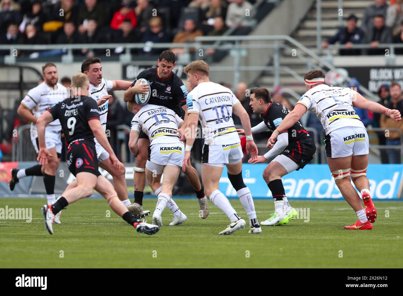 Juan Martin Gonzalez is tackled by Gloucester's George Barton during ...