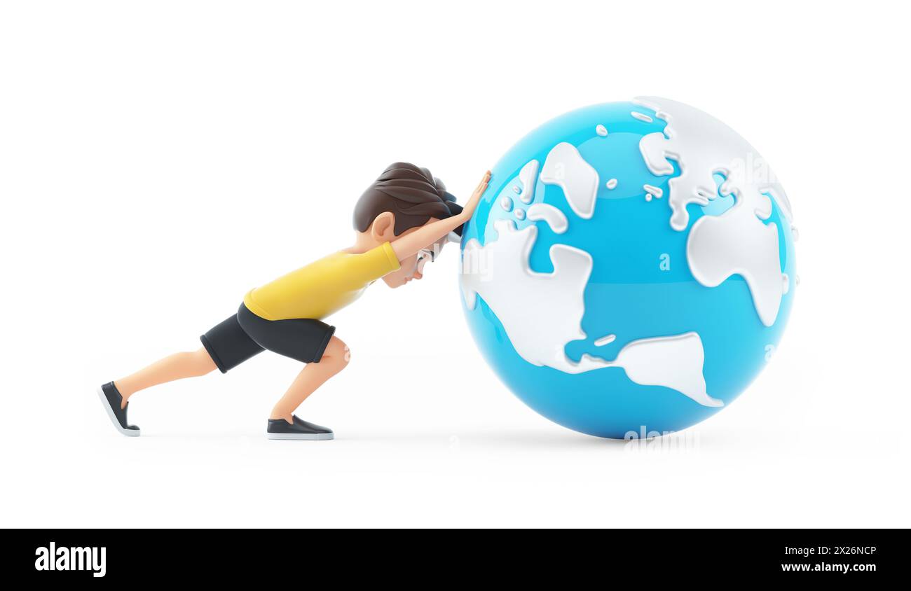 3d boy pushing planet earth, illustration isolated on white background ...