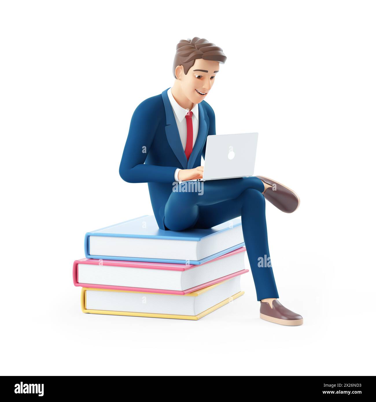3d cartoon businessman sitting on books with laptop, illustration ...