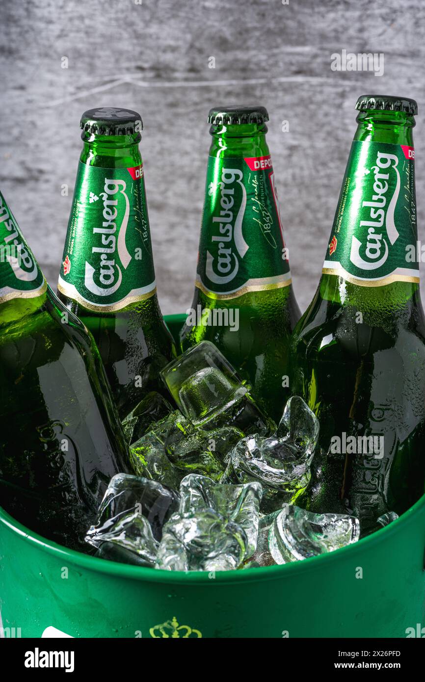 Antalya, Turkey – April 4, 2024: Carlsberg Beer bottles in bucket with ...