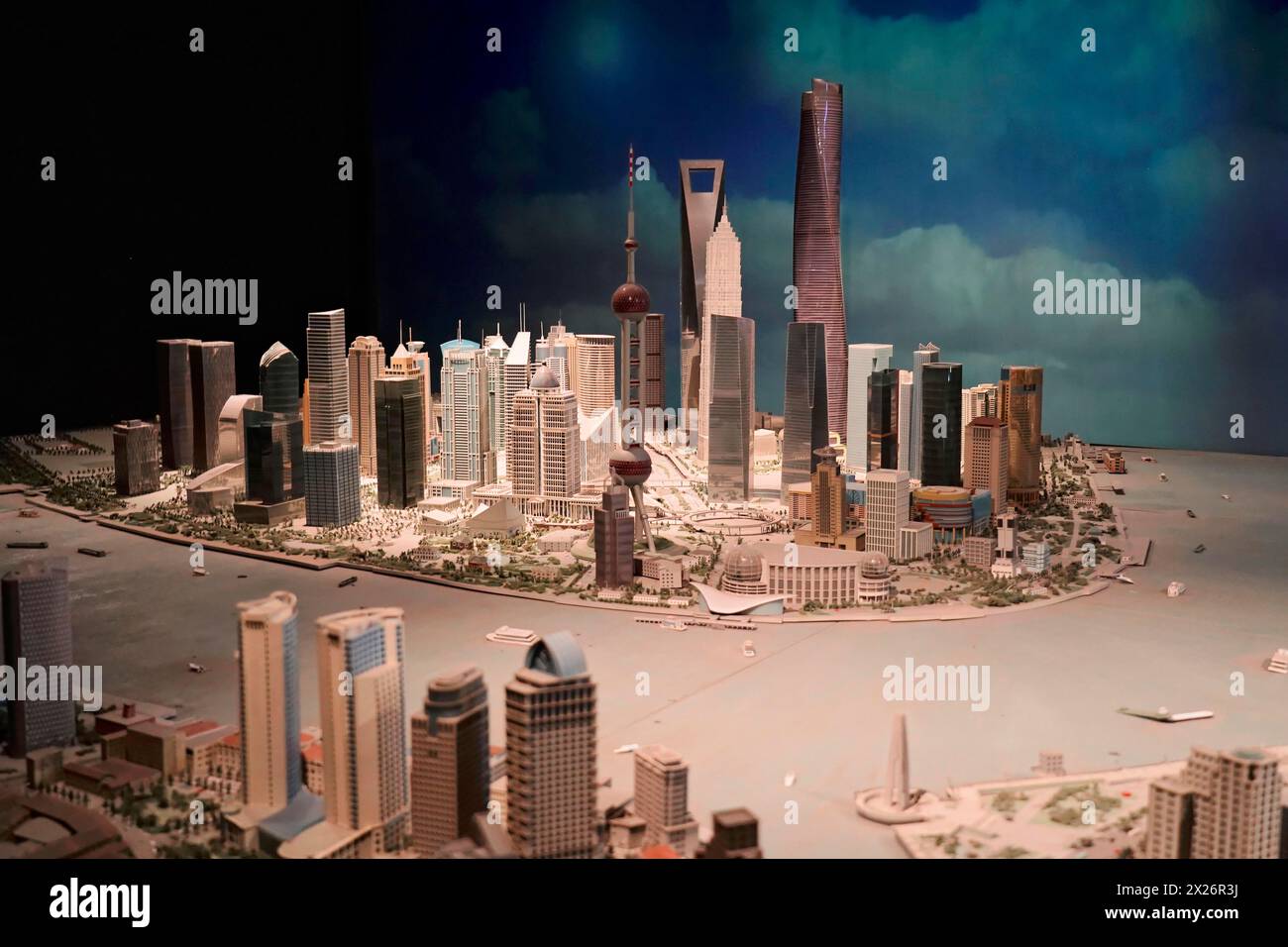 A detailed model of a city with miniature buildings and distinctive ...