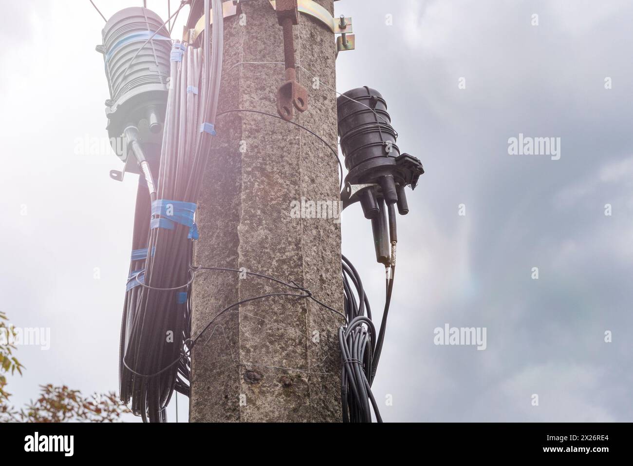 pole with wires. wires cables on Electric poles.A fiber optic cable ...