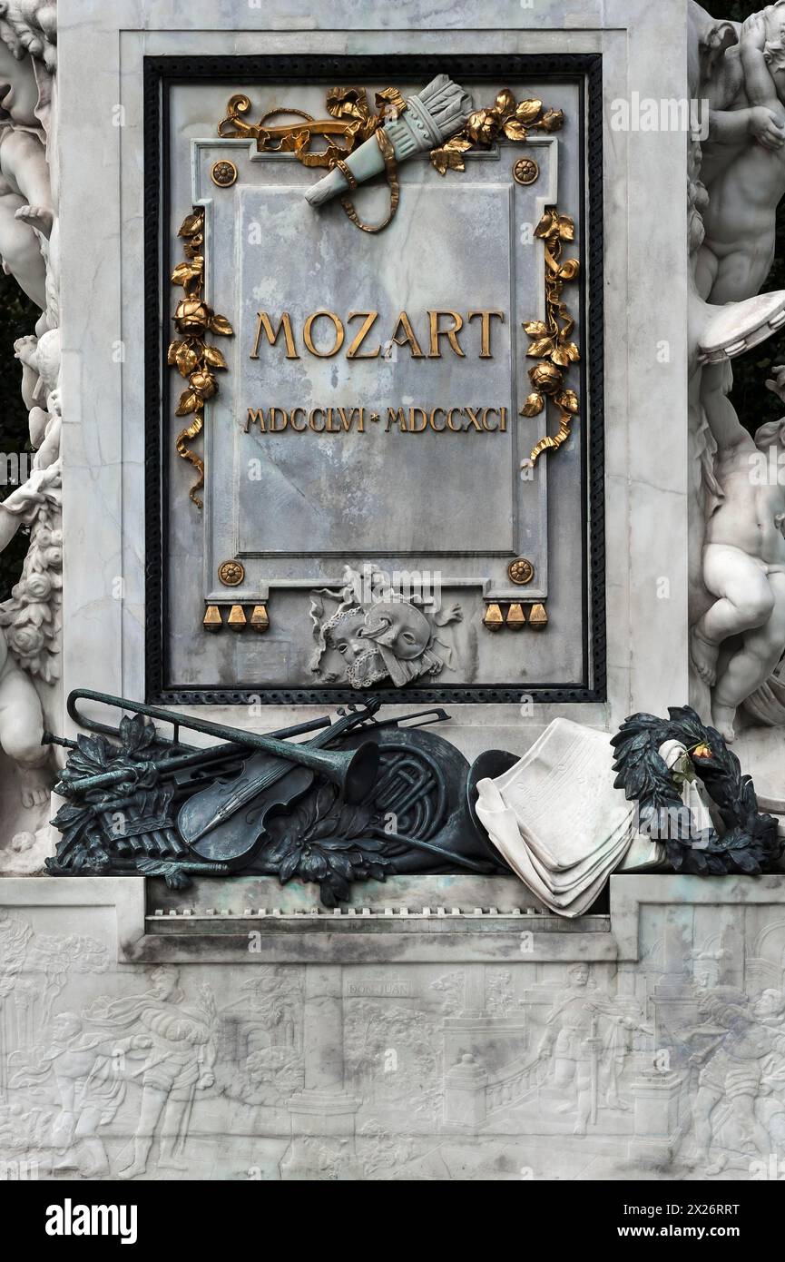 Mozart memorial plaque detail at the Mozart monument, Burggarten ...