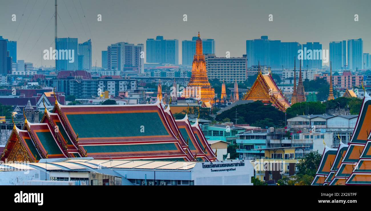 Panorama from Golden Mount to the illuminated Wat Ratchabophit, Wat ...