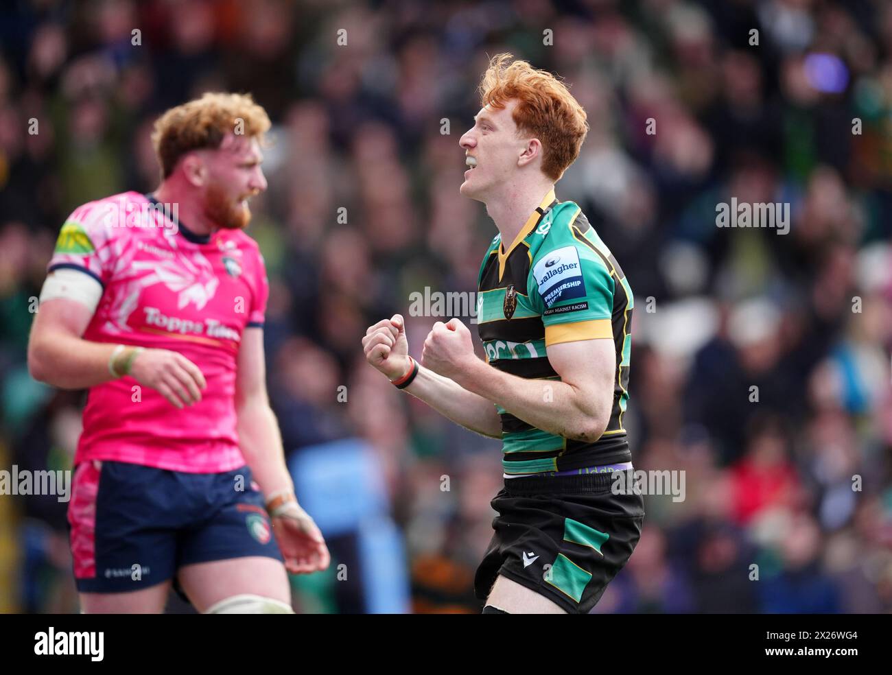 Northampton Saints' George Hendy celebrates after scoring a try during ...