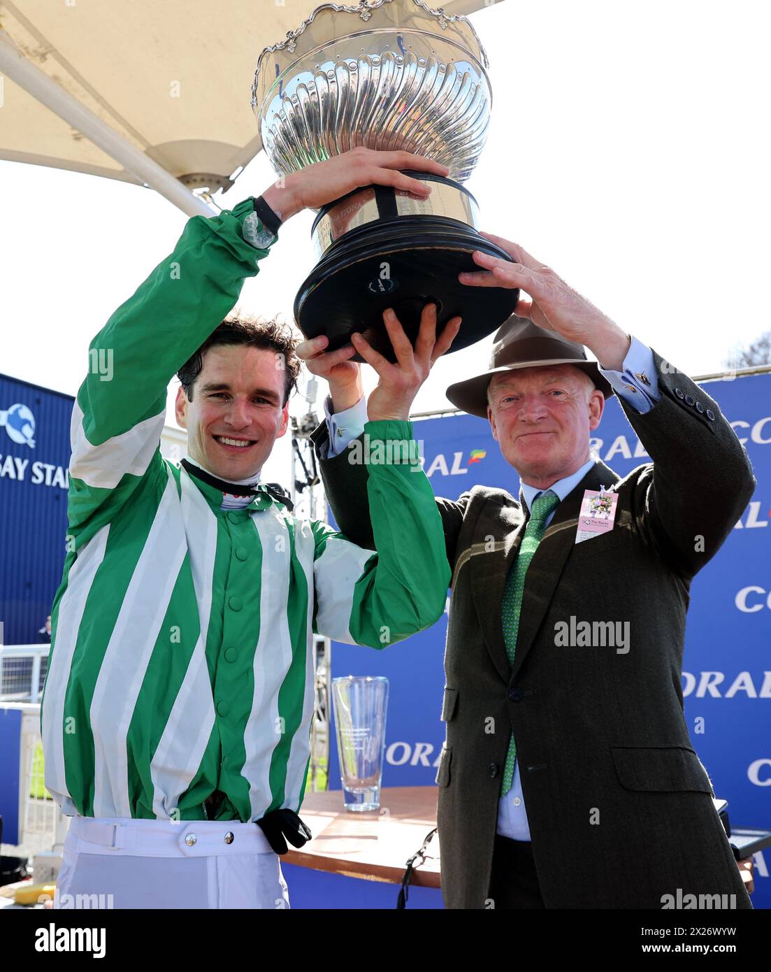 Jockey Danny Mullins and trainer Willie Mullins with the trophy after ...