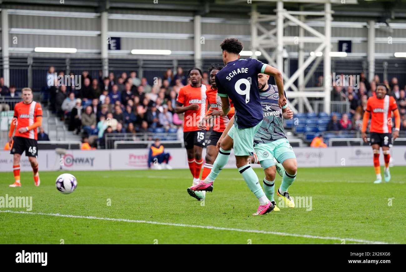 Brentford's Kevin Schade scores his sides fifth goal during the Premier ...