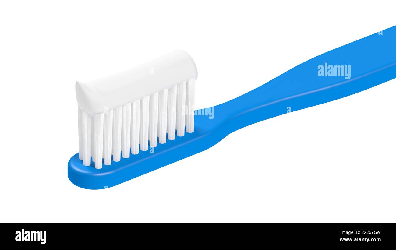 Blue toothbrush with white toothpaste. Isolated on white background. 3d ...
