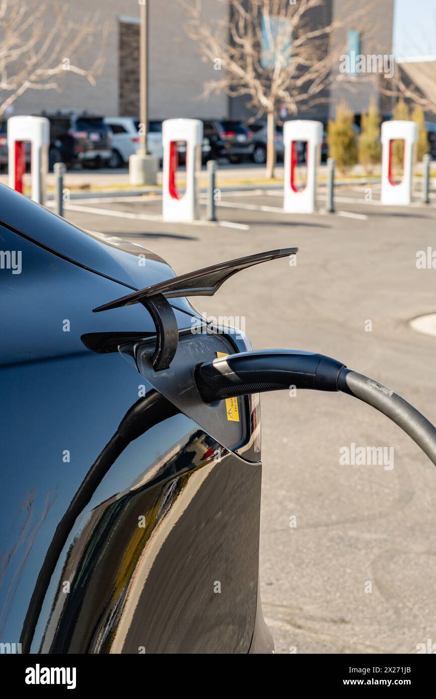 Salt Lake City, UT, US-February 25, 2024: Black Tesla electric vehicle ...