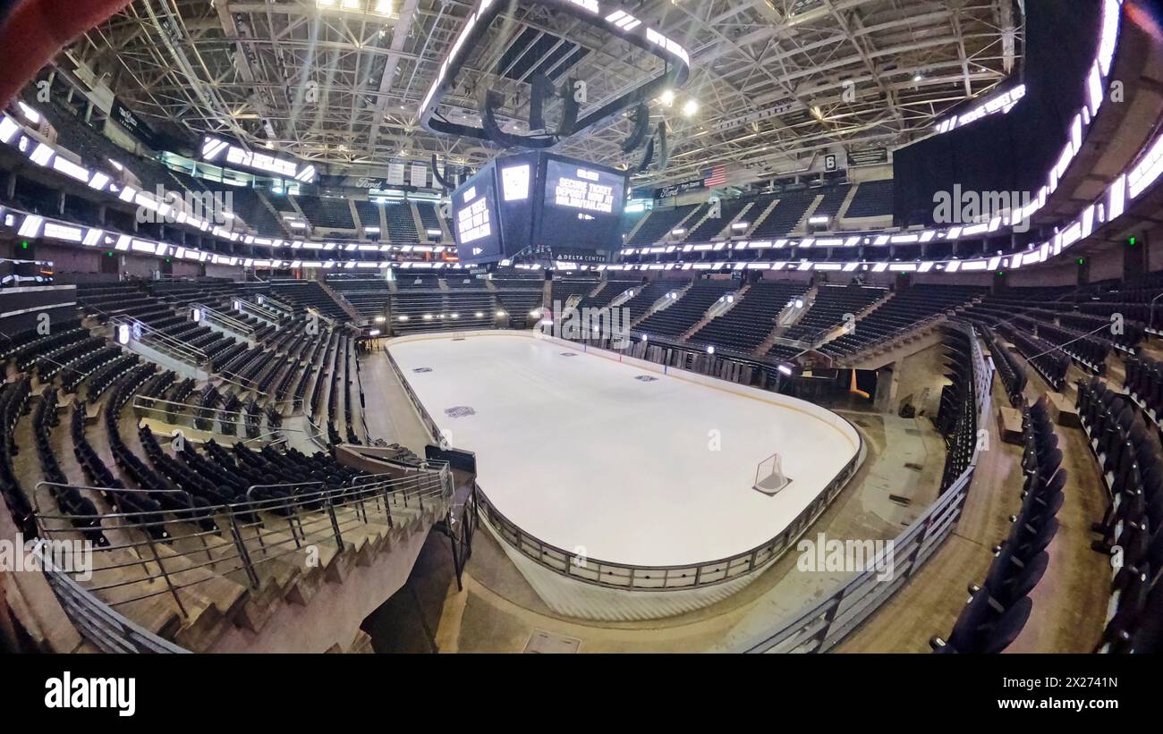 The hockey rink at the Delta Center is shown with the new NHL logos ...