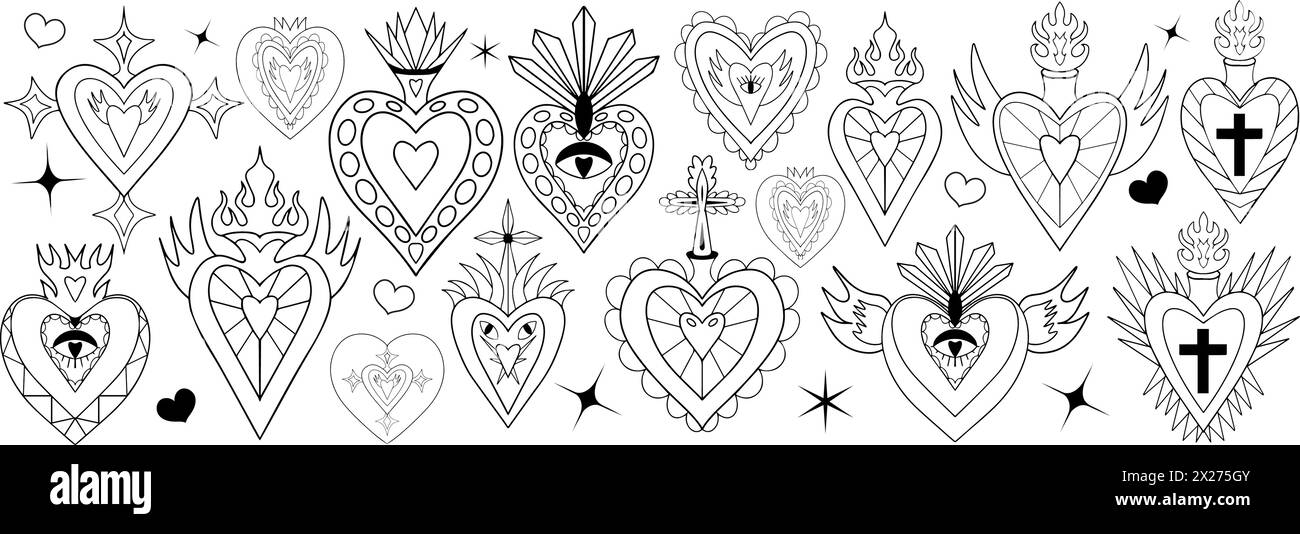 Mexican sacred hearts line icon set, spirit mystical miracles symbol ...