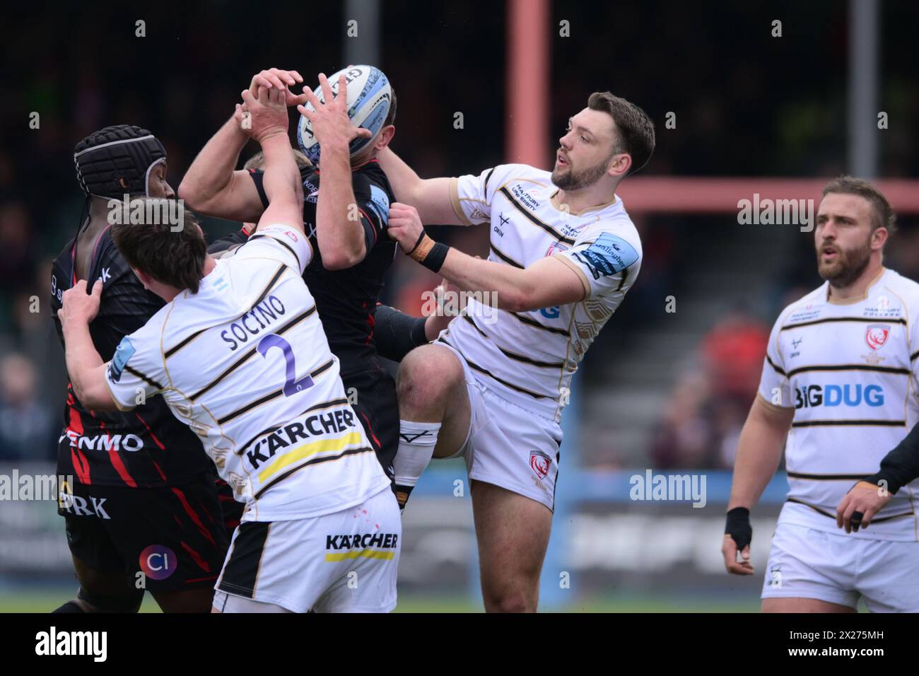 Juan Martin Gonzalez of Saracens jumps to secure the high ball during ...