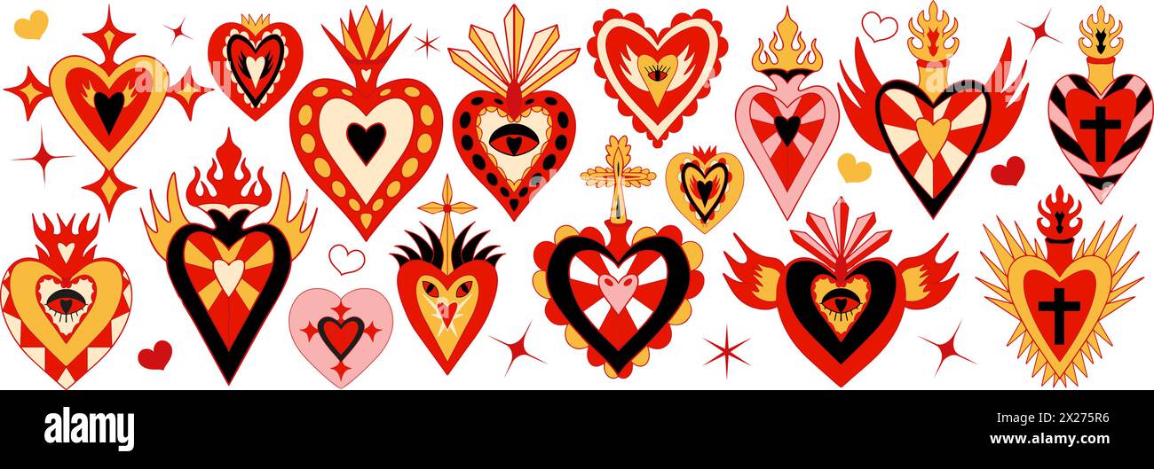 Mexican sacred hearts set, spirit mystical miracles symbol. Heart ...