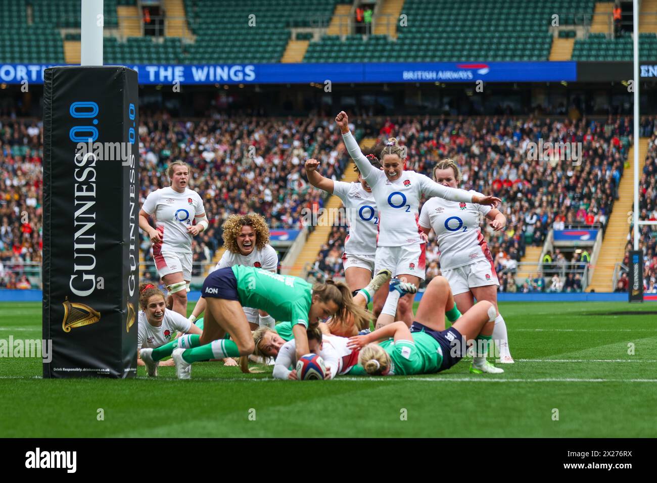 London, UK. 20th Apr, 2024. Megan Jones scores a try as Natasha Hunt ...