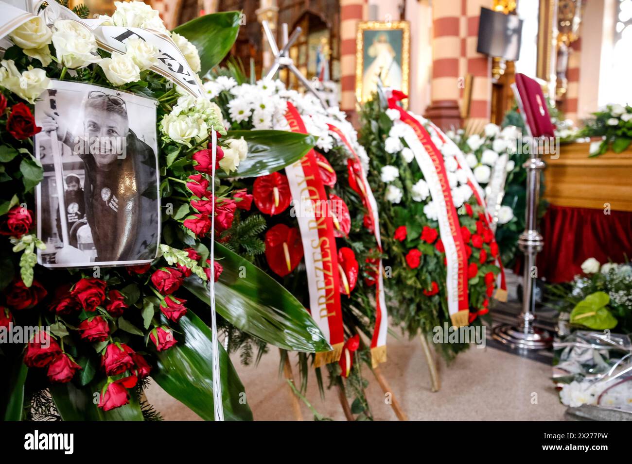 Przemysl, Poland. 20th Apr, 2024. Flowers and coffin is seen during a ...