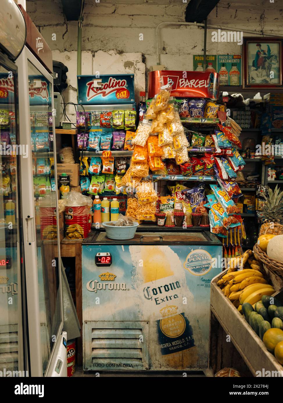 Traditional Mexican snack food on a display in a small charming street ...