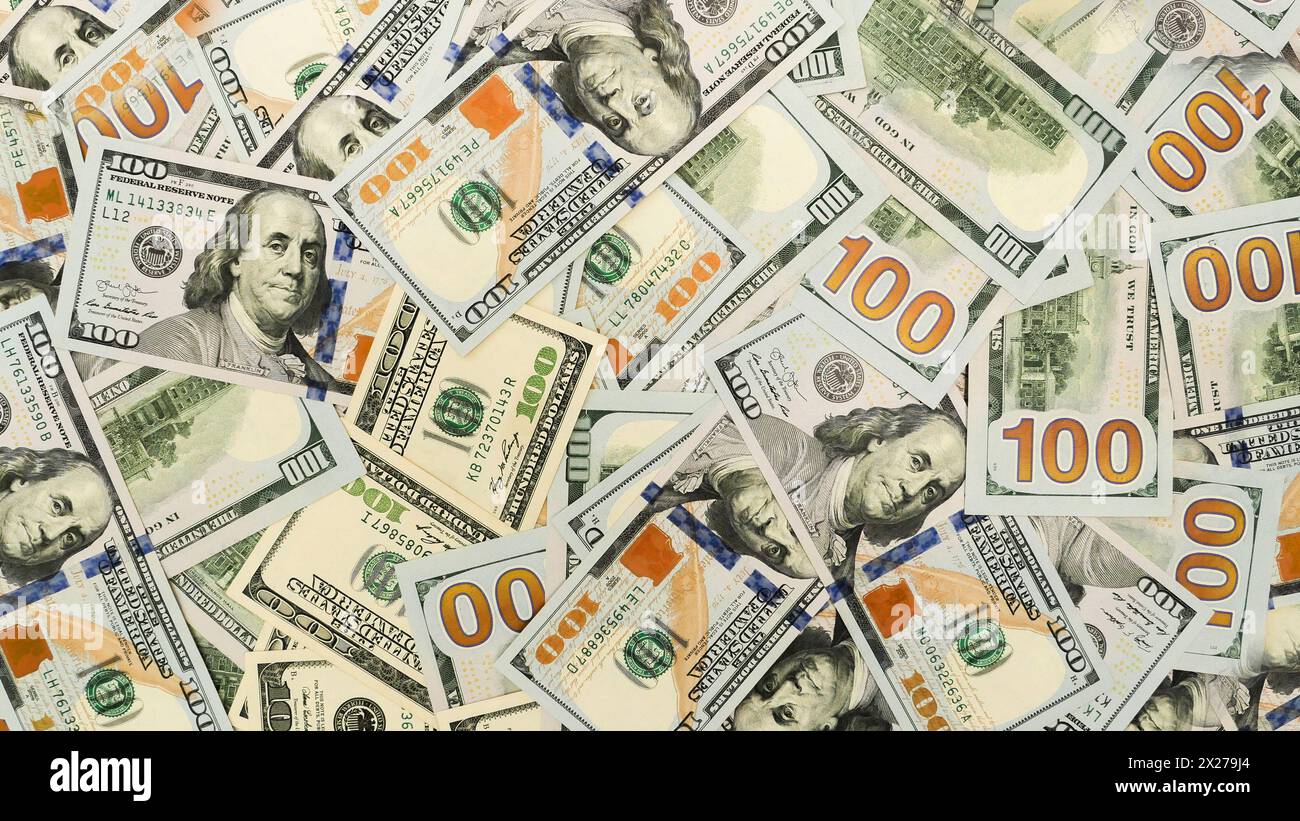 Lots of 100 dollar bills, American money. Finance and economy concepts ...