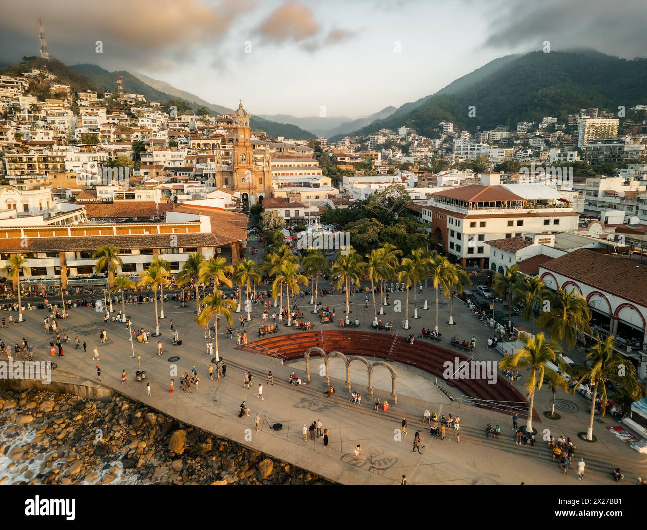 Church, los arcos, and amphitheater seen from aerial view with el ...