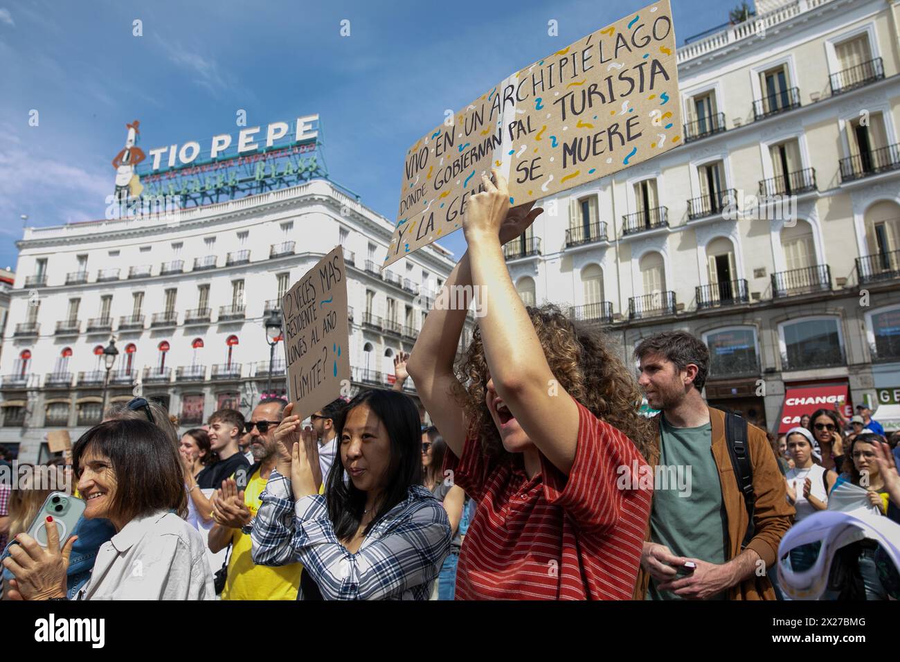 Madrid, Spain. 20th Apr, 2024. Protesters hold placards during a rally ...