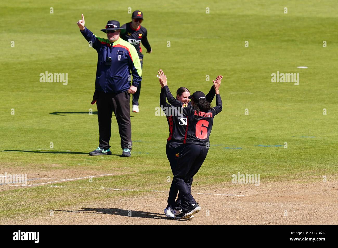 Cardiff, UK, 20 April 2024. Sunrisers' Jodi Grewcock celebrates with ...