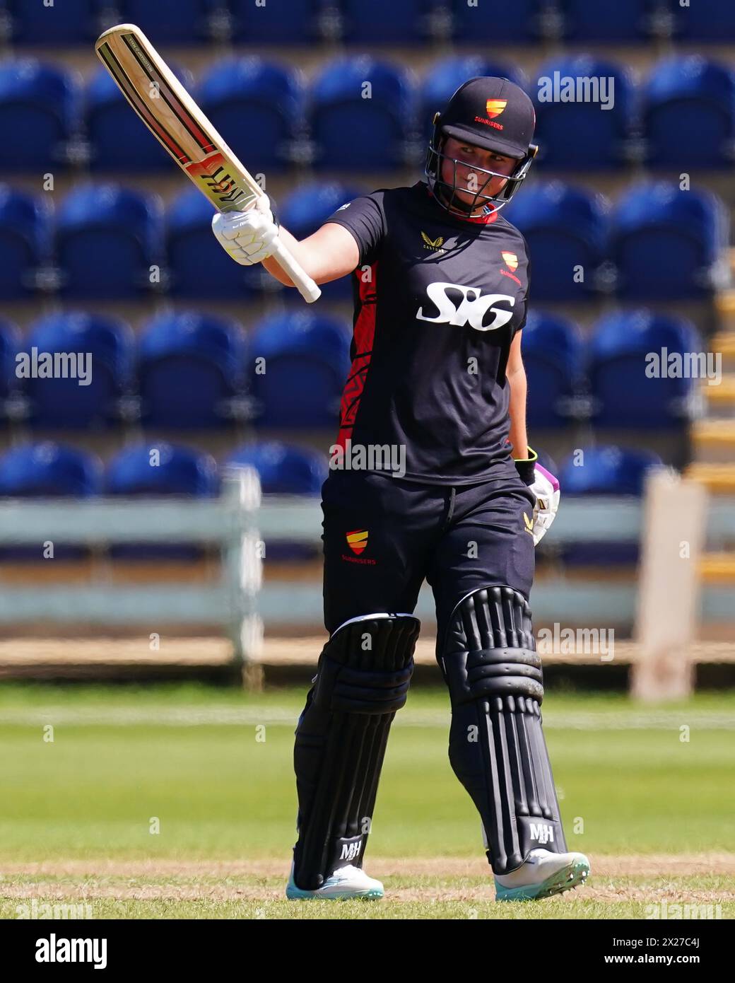 Cardiff, UK, 20 April 2024. Sunrisers' Grace Scrivens celebrates ...